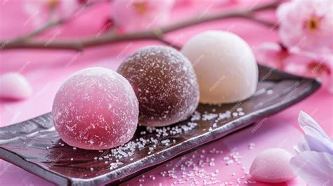 Premium Photo Tray With Three Mochi Of Different Flavors Beautiful