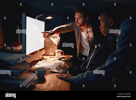 Web Design Men And Cyber Security With Computer For Firewall Breach System Glitch And