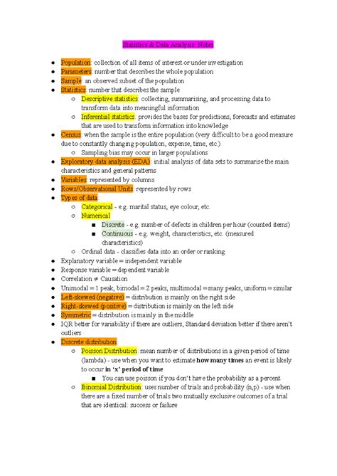 Statistics And Data Analysis Notes Statistics And Data Analysis Notes Population Collection Of