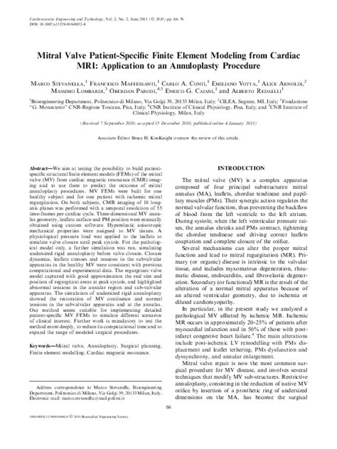 Pdf Mitral Valve Patient Specific Finite Element Modeling From Cardiac Mri Application To An