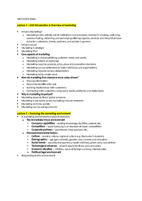 Mktg Lecture Notes Mktg1203 Notes Lecture 1 Unit Introduction And Overview Of Marketing What