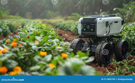 Agricultural Robot Navigates Through A Field Of Crops On A Misty Morning Stock Illustration