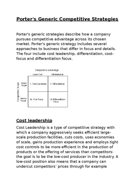 Porters Generic Strategies Porters Generic Competitive Strategies