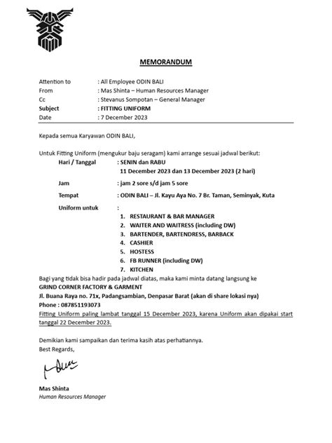 Memo Fitting Uniform Pdf