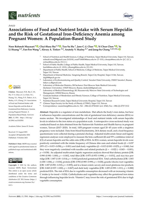 Pdf Associations Of Food And Nutrient Intake With Serum Hepcidin And The Risk Of Gestational