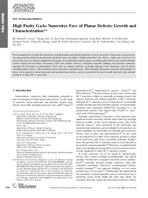 Pdf High Purity Gaas Nanowires Free Of Planar Defects Growth And