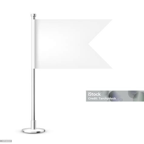 크롬 강철 기둥에 현실적인 테이블 플래그 종이 나 직물로 만든 빈 흰색 책상 플래그 반짝이는 금속 스탠드 프로모션 및 광고에