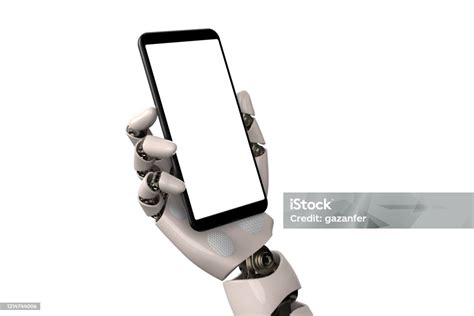 클리핑 경로 모형 템플릿 스톡 사진과 함께 배경에 격리 된 빈 흰색 화면이있는 스마트 폰을 들고있는 3d 렌더링 로봇 손 3차원 형태에 대한 스톡 사진 및 기타 이미지
