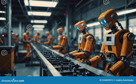 Humanoid Robots Working On Assembly Line In A High Tech Industrial