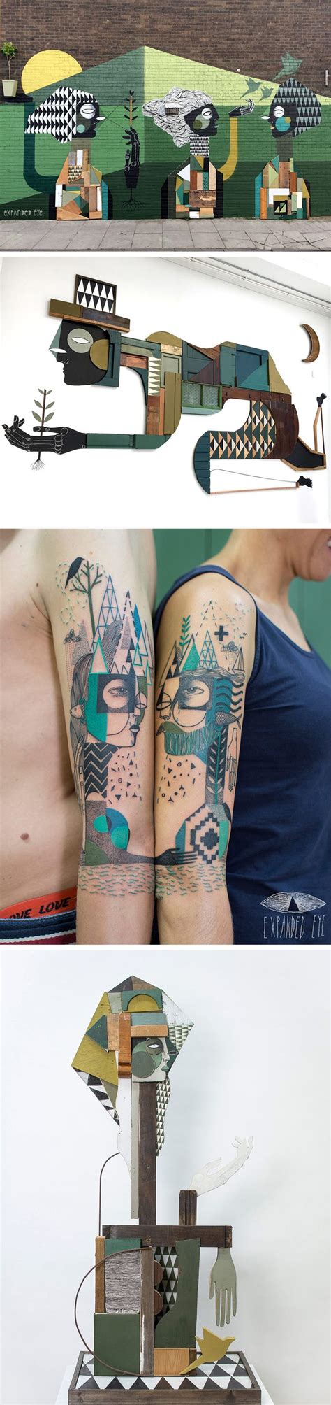 Geometric Shapes And Angular Faces Combine In New Salvaged Wood Murals Assemblages And Tattoos