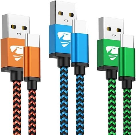 The High Quality 3 Packs 2 Metre Type C Mobile Charging Cord Blue Orange Green Computers