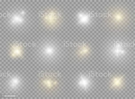 현실적인 노란색과 흰색 빛과 빛효과 투명 배경에 고립 큰 팩 반짝임과 폭발 효과 별과 광선 벡터 일러스트레이션 0명에 대한 스톡 벡터 아트 및 기타 이미지 Istock