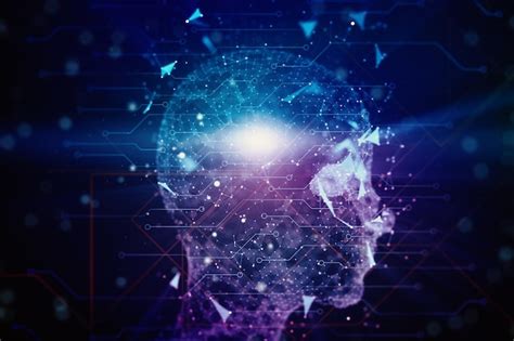 어두운 배경에 마이크로칩이 있는 인간 머리의 빛나는 실루엣 인공 지능 및 신경망 개념 3d 렌더링 프리미엄 사진