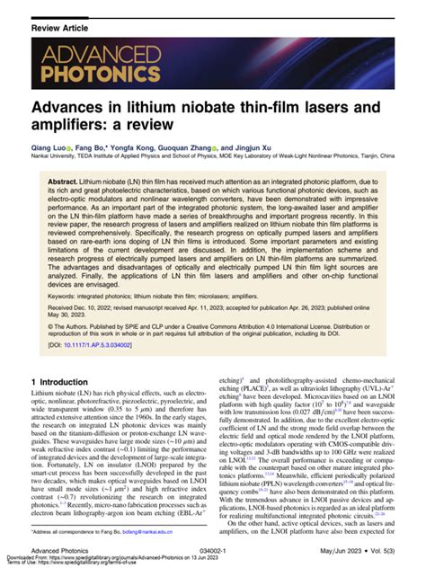 Advances In Lithium Niobate Thin Film Lasers And Amplifiers A Review Pdf Laser Photonics