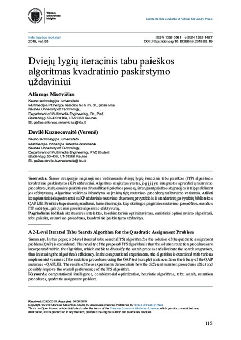 Pdf A 2 Level Iterated Tabu Search Algorithm For The Quadratic Assignment Problem