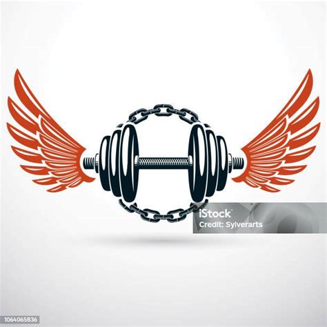 아령 및 날개 그림을 벡터 철 사슬에 의해 포위 합니다 피트 니스 운동 그리고 스포츠 장비를 해제 전원입니다 Championship에 대한 스톡 벡터 아트 및 기타 이미지