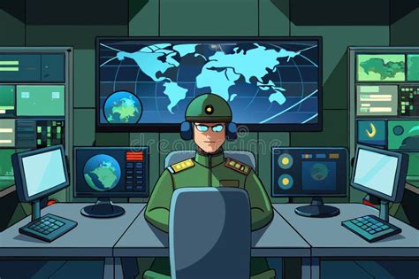 High Tech Military Control Room With Cybersecurity Analysis And Monitoring Featuring Military