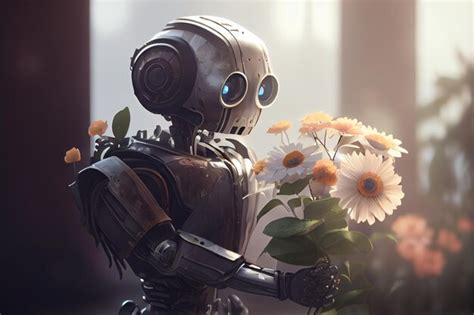 Premium Photo A Human Like Ai Robot Collects Flowers The Robotic