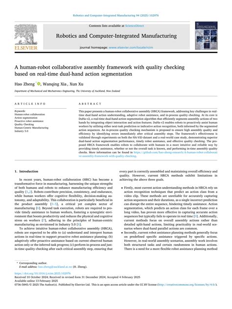 Pdf A Human Robot Collaborative Assembly Framework With Quality Checking Based On Real Time