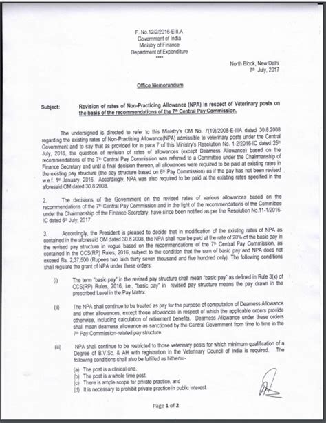 7th Cpc Non Practicing Allowance Npa Veterinary Posts Clarification Issued By Finmin