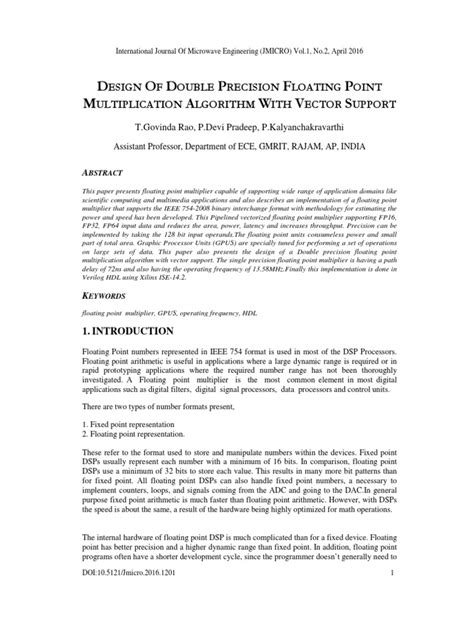 design of double precision floating point multiplication algorithm with vector support pdf