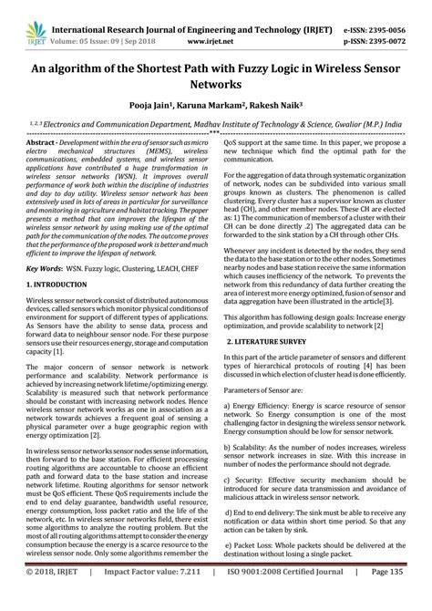 Irjet An Algorithm Of The Shortest Path With Fuzzy Logic In Wireless