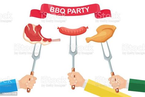 뜨거운 치킨 햄 소시지 쇠고기 갈비 흰색 배경에 고립 된 손에 포크스테이크를 굽습니다 튀긴 고기 축제 리본 바베큐 아이콘 바베큐 피크닉 가족 파티 쿡아웃 이벤트 벡터 플랫