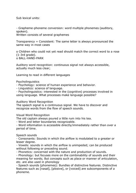 Sub Lexical Units Introduction To Cognitive Psychology Sub Lexical Units Grapheme Phoneme