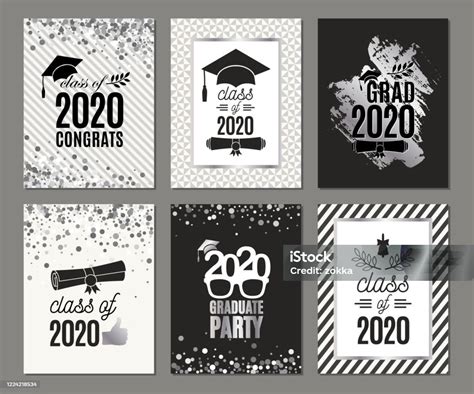 2020 년 졸업 클래스 는 실버 색상으로 설정 된 6 개의 인사말 카드 벡터 파티 초대장입니다 그라드 배너 모든 격리 및 계층화 졸업식에 대한 스톡 벡터 아트 및 기타