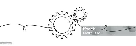 기어 1 선 그리기 기어 휠 하나의 연속 선 그리기 톱니바퀴 기계 기어 선형 아이콘입니다 기어 심볼 라인 아트 0명에 대한 스톡