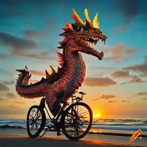 Fantasy artwork of a dragon riding a bike at the beach on Craiyon