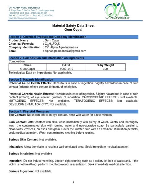Msds Gum Copal Alpha Agro Indonesia Pdf