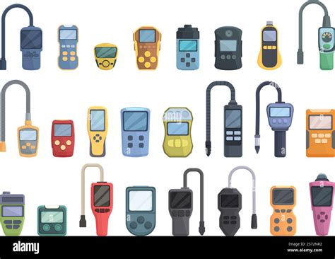 Gas Detector Icons Set Cartoon Vector Meter Monitor Instrument Home Gas Detector Icons Set