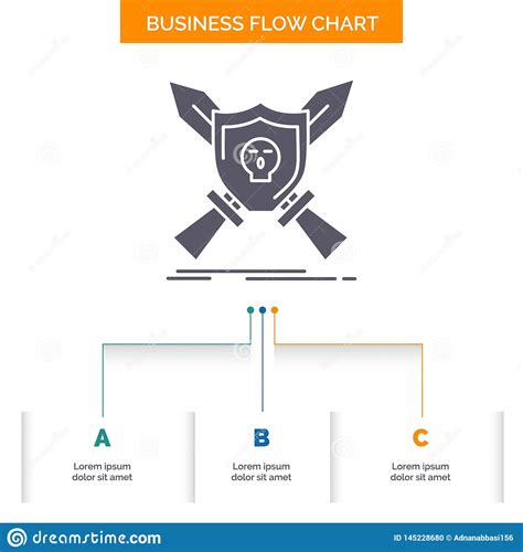 Badge Emblem Game Shield Swords Business Flow Chart Design With 3 Steps Glyph Icon For