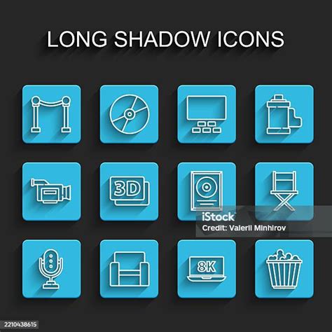 세트 라인 마이크 시네마 의자 로프 장벽 8k 팝콘 상자 3d 단어 감독 영화 및 Cd 디스크 수상 프레임 아이콘과 노트북 벡터 3차원 형태에 대한 스톡 벡터 아트 및 기타