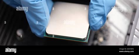 Technician Examines Microprocessor Chip On PC Motherboard Stock Photo Alamy