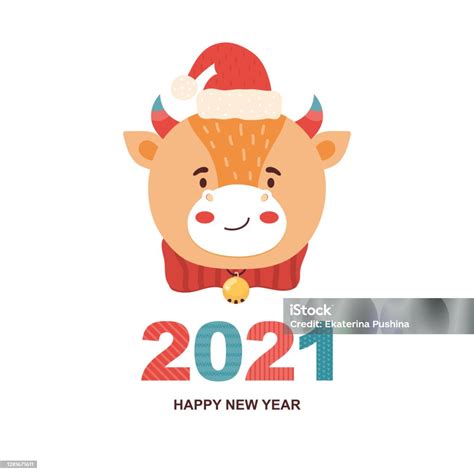 2021 마스코트는 황소입니다 만화 재미있는 캐릭터 는 산타 클로스 모자와 종으로 소 소의 새해 로고 암소 얼굴을 클로즈업 벡터