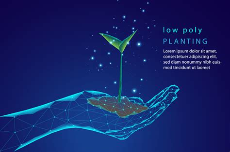 토양에 작은 식물을 주는 추상적인 손 낮은 폴리 패턴 파란색 기하학적 배경 디자인 연결 구조 와이어프레임 패턴 3차원 형태에