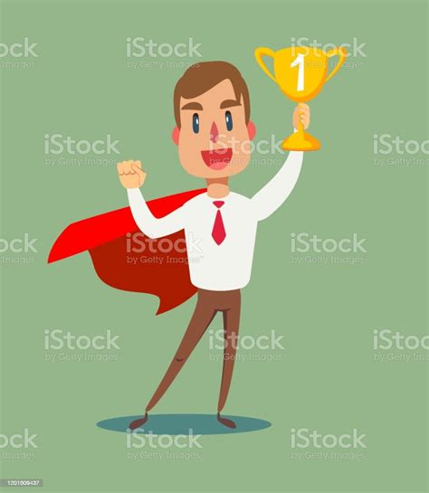 우승자 컵을 들고 빨간 망토에 사업가 비즈니스의 슈퍼 히어로 1위에 대한 스톡 벡터 아트 및 기타 이미지 1위 개념 경영자 Istock