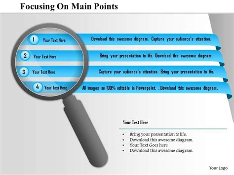 Magnifier On Four Staged Text Box Diagram Presentation Template Presentation PowerPoint