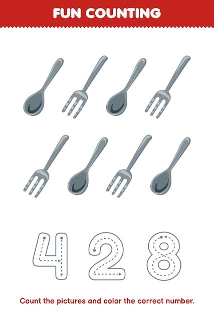 어린이를 위한 교육 게임은 귀여운 만화 포크와 스푼 인쇄용 도구 워크시트에서 그림을 세고 올바른 숫자를 색칠합니다 프리미엄 벡터