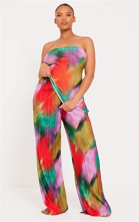 Plus Multi Print Plisse Wide Leg Trousers Plus Size Plt