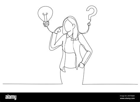 Illustration Of Businesswoman Think Of Solution To Solve Problem With Lightbulb And Question