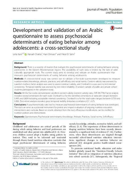 Pdf Development And Validation Of An Arabic Questionnaire To Assess Psychosocial Determinants