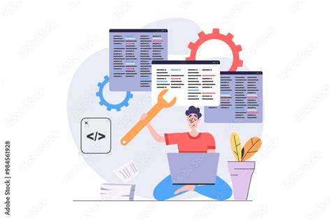 Development And Programming Concept In Modern Flat Design For Web Programmer Working At Laptop