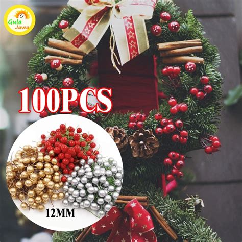 Jual 100pcs Cherry Natal Christmas Biji Cheery Topper Holly Flower Red Bean Ornamen Hiasan