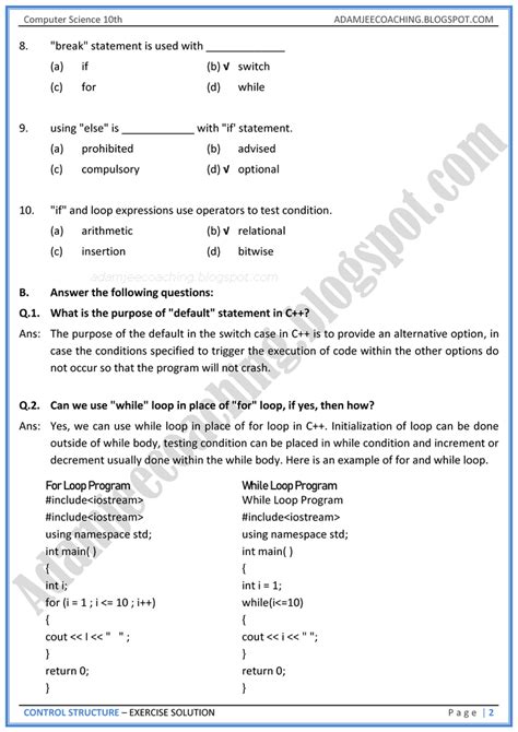 Adamjee Coaching Control Structure Solution Of Book Exercise
