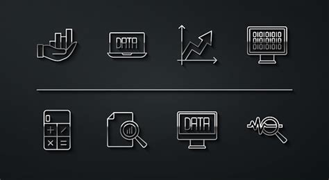 라인 파이 차트 인포 그래픽 계산기 바이너리 코드 데이터 분석 문서 포함 데이터 검색 및 재무 성장 아이콘을 설정합니다 벡터