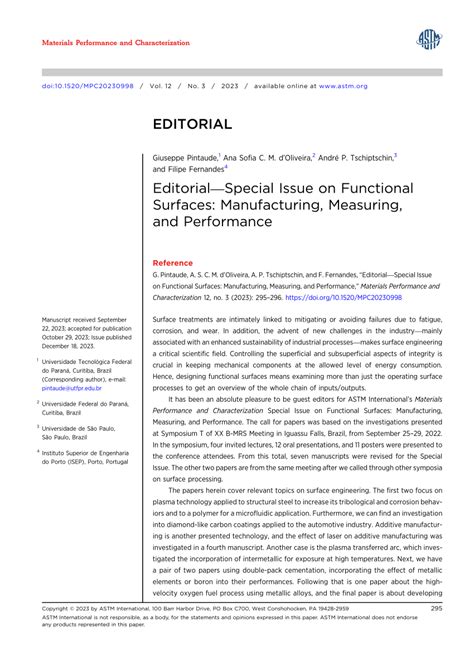 Pdf Editorial Editorial Special Issue On Functional Surfaces Manufacturing Measuring And