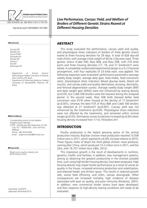Pdf Live Performance Carcass Yield And Welfare Of Broilers Of Different Genetic Strains